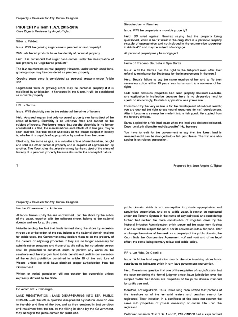Case Digests Property | PDF | Assignment (Law) | Squatting