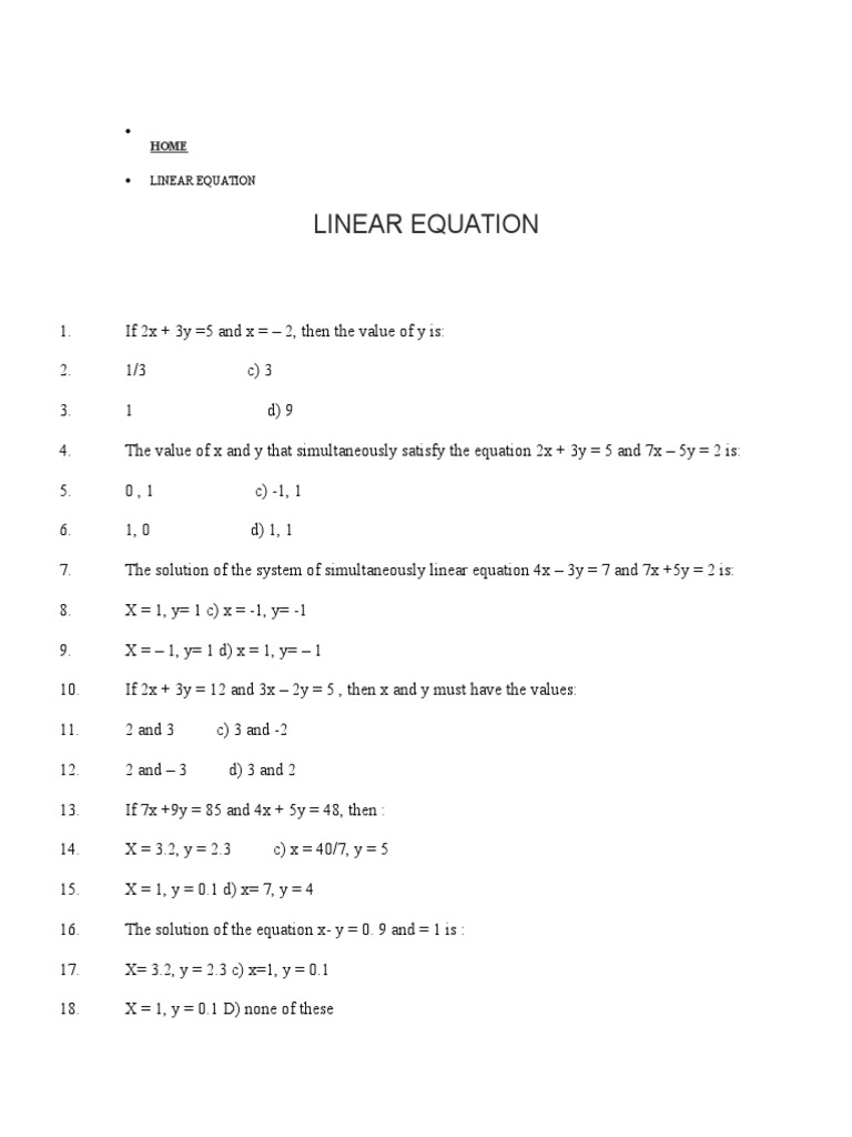 Linear Equation | PDF | Equations | Mathematical Objects