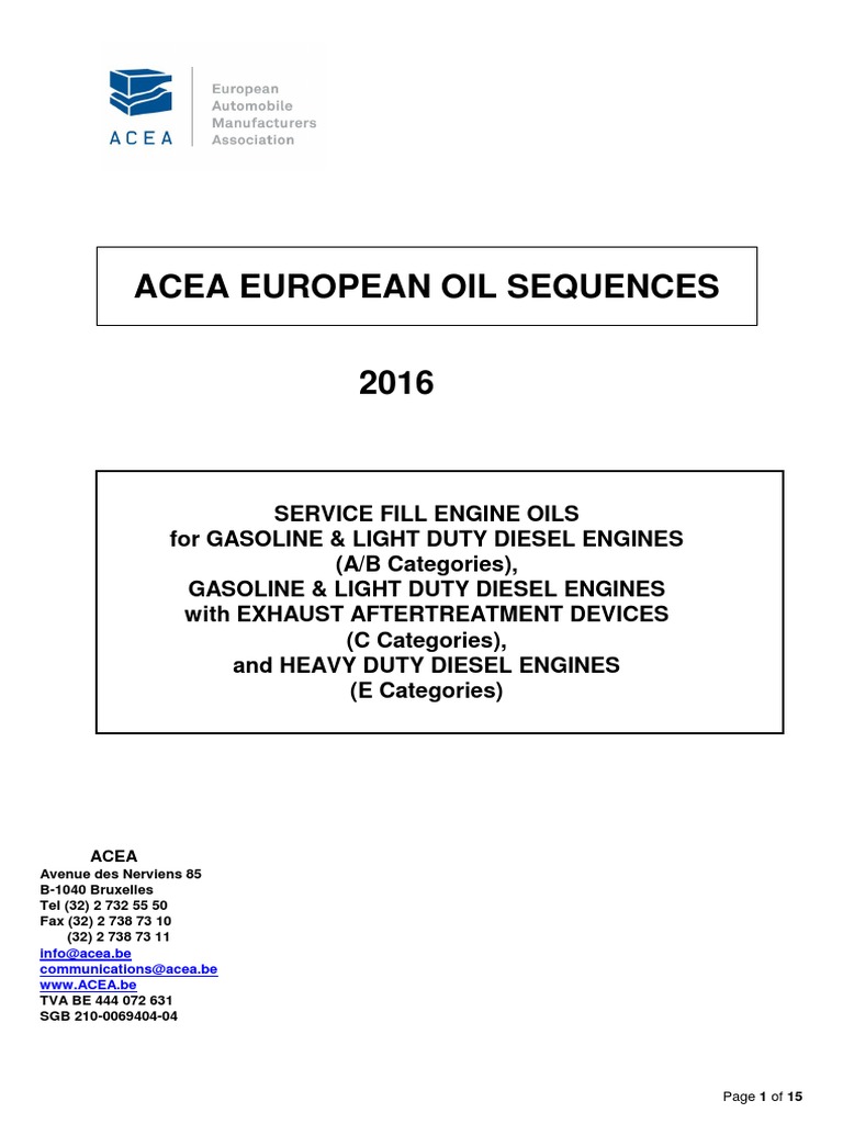 ACEA European Oil Sequences 2016 | PDF | Motor Oil | Diesel Engine