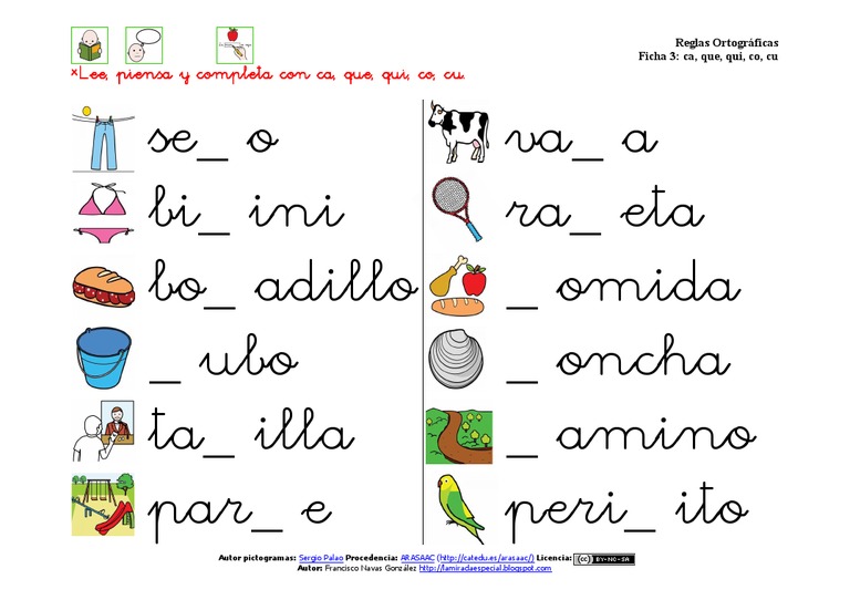 Ficha 3 - Reglas Ortográficas: Ca, Que, Qui, Co, Cu (ARASAAC) | PDF