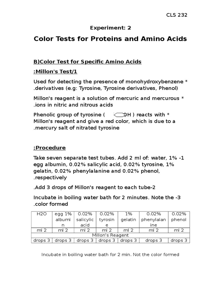 Color Tests For Proteins and Amino Acids: Experiment: 2 | PDF ...