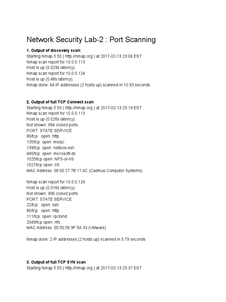 Network Security Lab 2 Port Scanning 1 Output Of Discovery Scan Pdf Port Computer