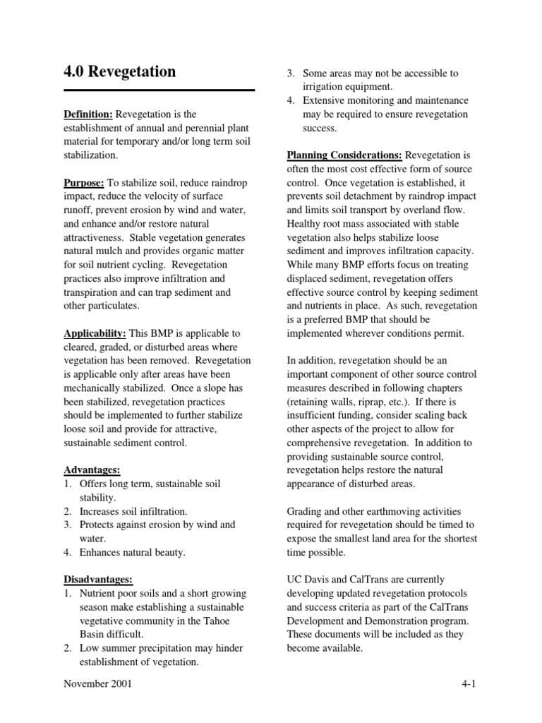 4.0 Revegetation: Definition: Revegetation Is The | PDF | Surface ...