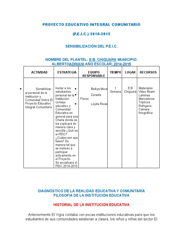 Proyecto Educativo Integral Comunitario de Una Escuela (Como Modelo ...