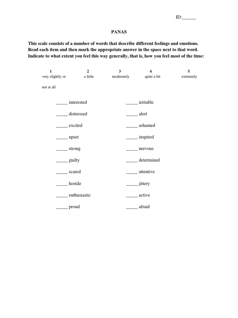 PANAS Emotion Assessment Scale | PDF