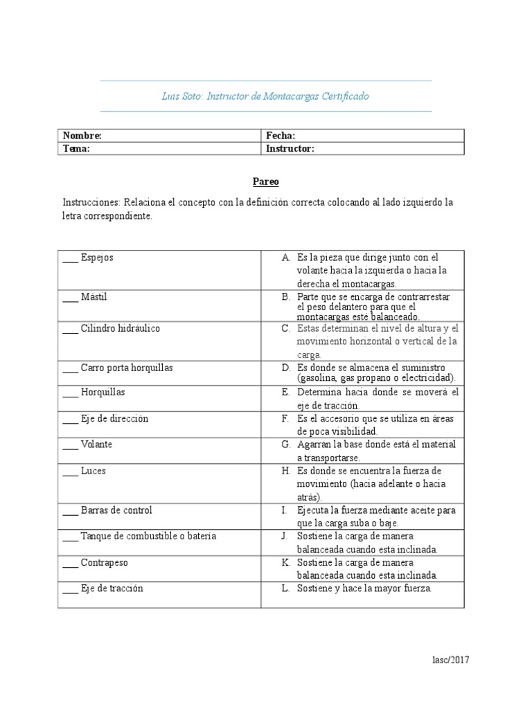 Ejemplo de Pareo para Examen de Montacargas | PDF | Máquina elevadora | Eje