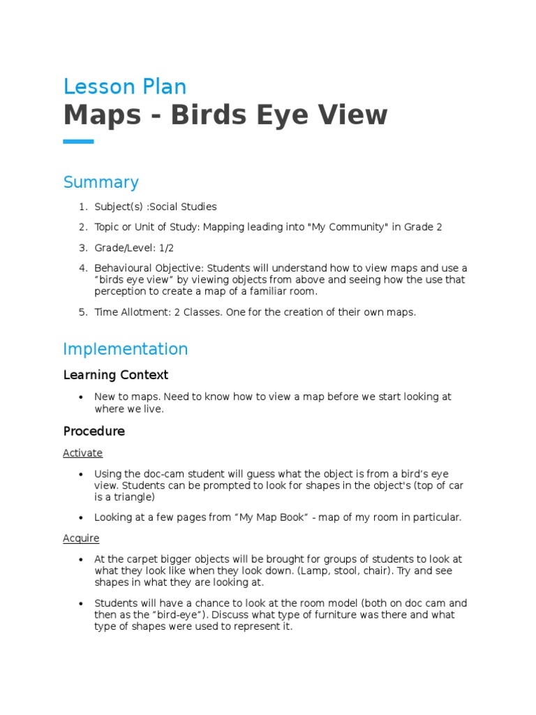 Maps - Birds Eye View: Lesson Plan | PDF