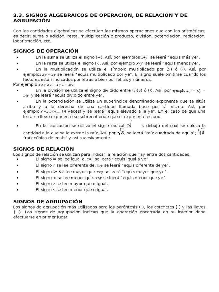 2.3. Signos Algebraicos de Operación, de Relación Y de Agrupación | PDF