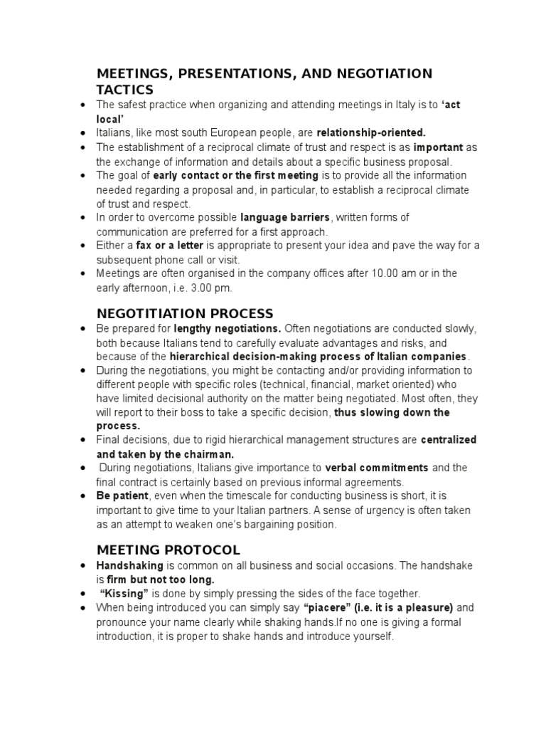 Meetings, Presentations, and Negotiation Tactics | PDF | Negotiation | Cognition