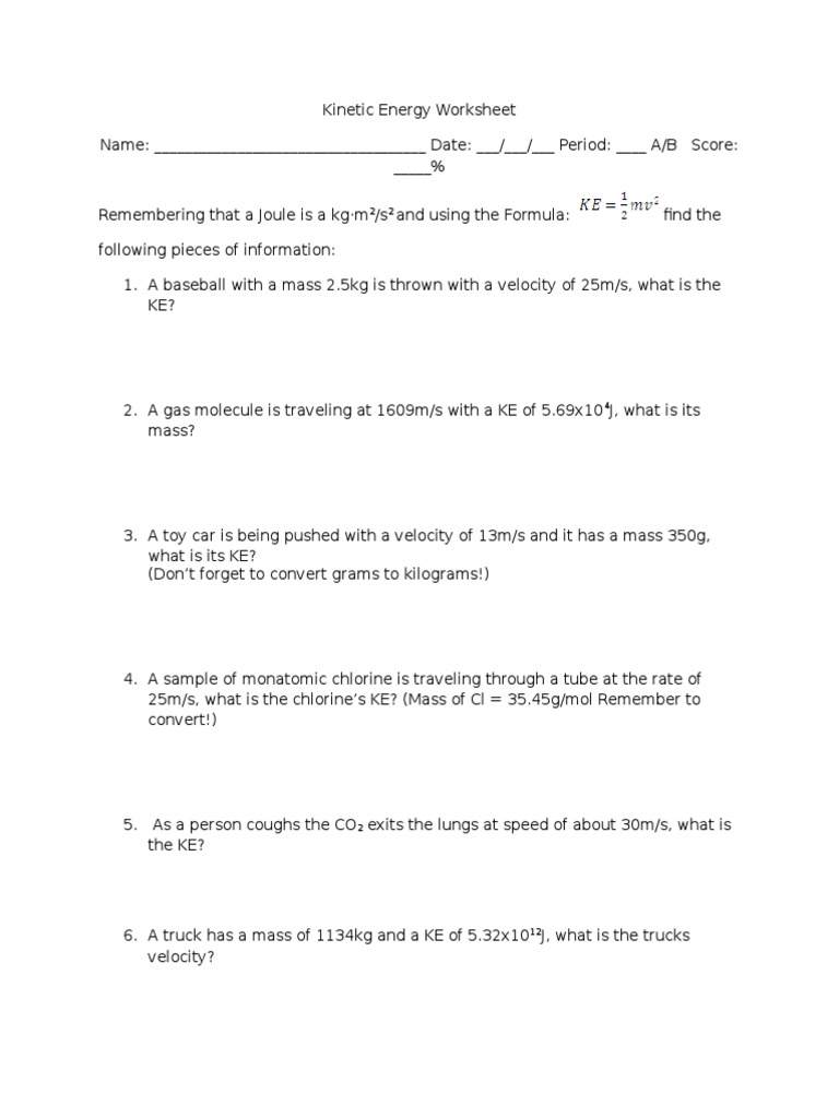 Kinetic Energy Worksheet | PDF