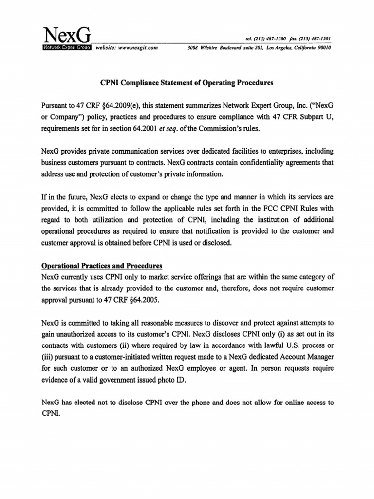 NexG - 2017 - CPNI Compliance - 02.17.17 PDF | PDF | United States ...