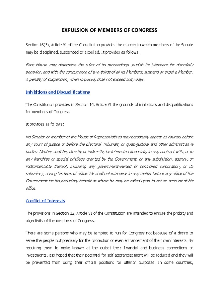 Expulsion of Members of Congress: Inhibitions and Disqualifications ...