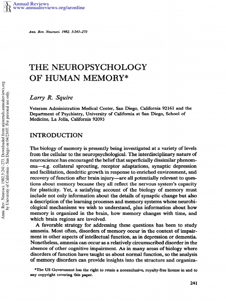 The Neuropsychology of Human Memory : Larry R. Squire | PDF | Amnesia ...