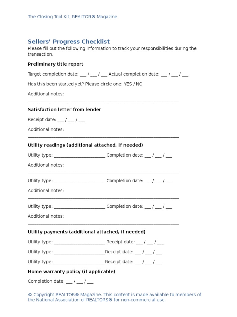Closing Sellers Progress Checklist | PDF