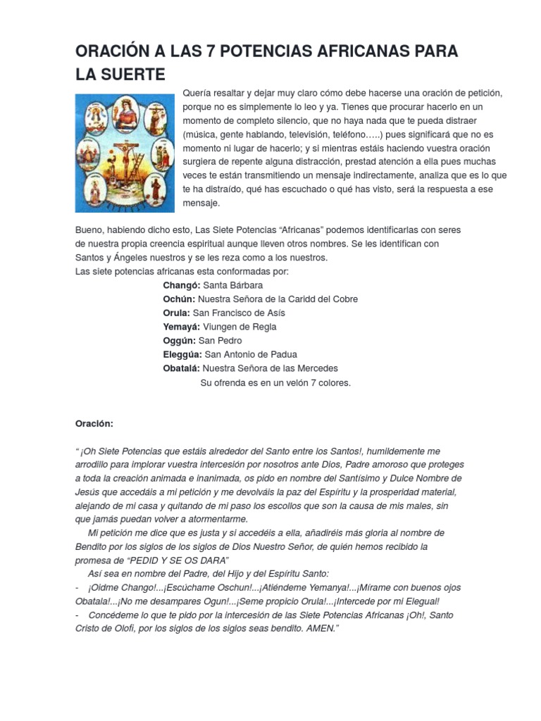 Oración A Las 7 Potencias Africanas para La Suerte | PDF | Oración | Creencia religiosa y doctrina