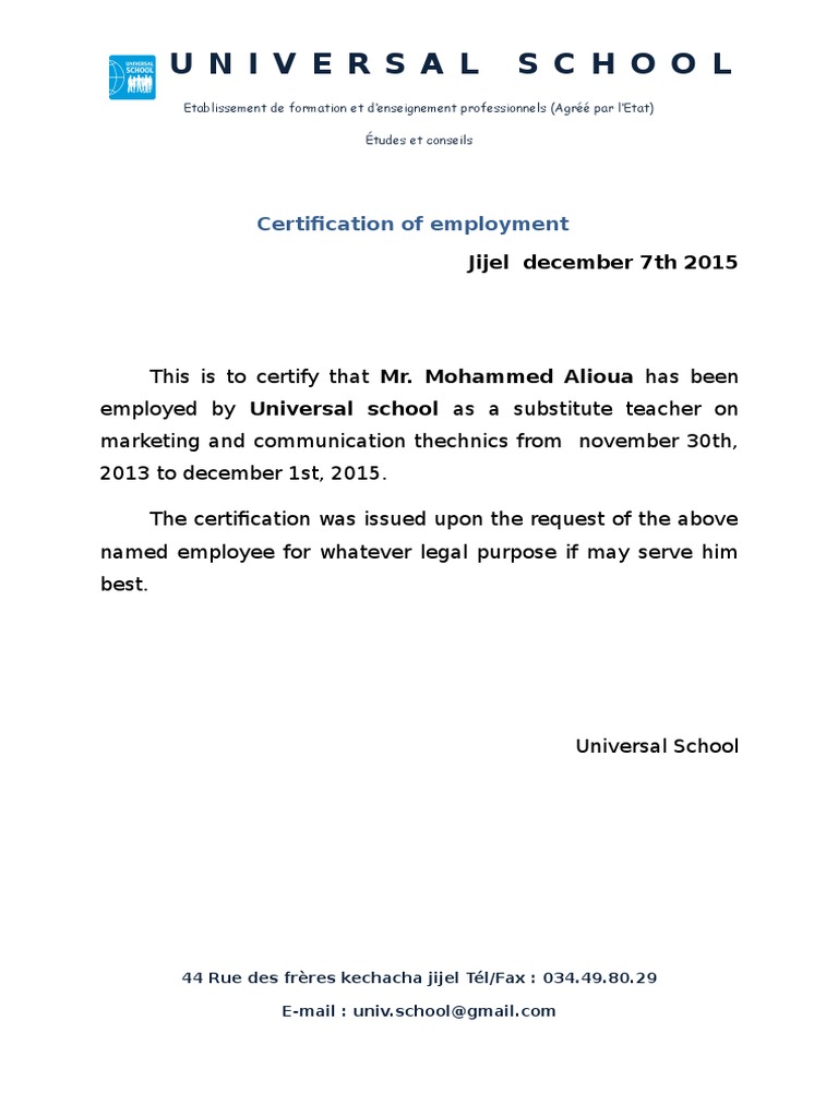 Certificat Trav | PDF | Career & Growth