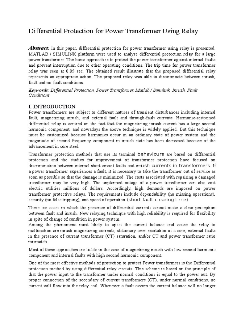 Differential Protection For Power Transformer Using Relay | PDF ...