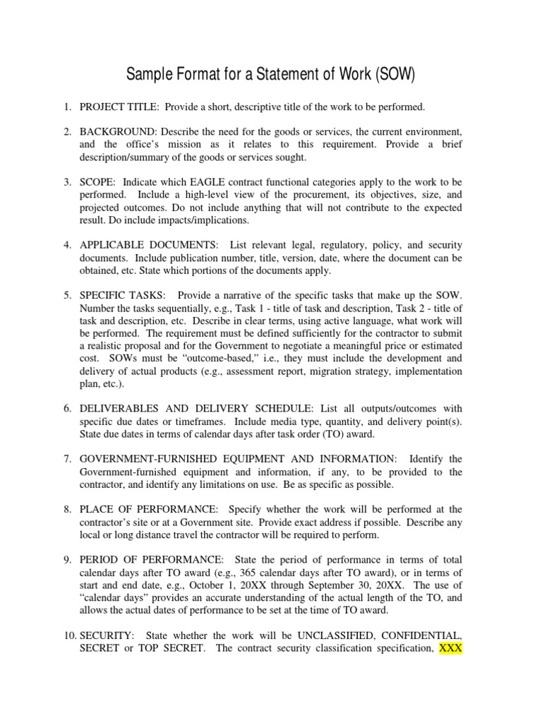 Sample Format For A Statement Of Work SOW PDF Classified 