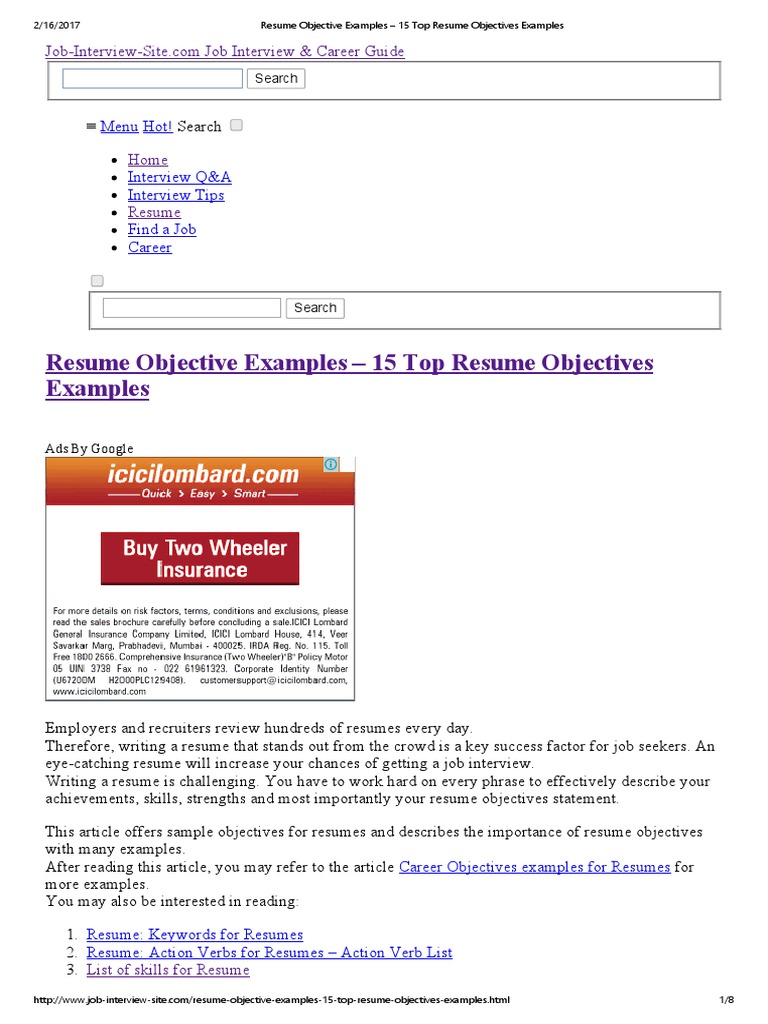Resume Objective Examples - 15 Top Resume Objectives Examples | PDF ...