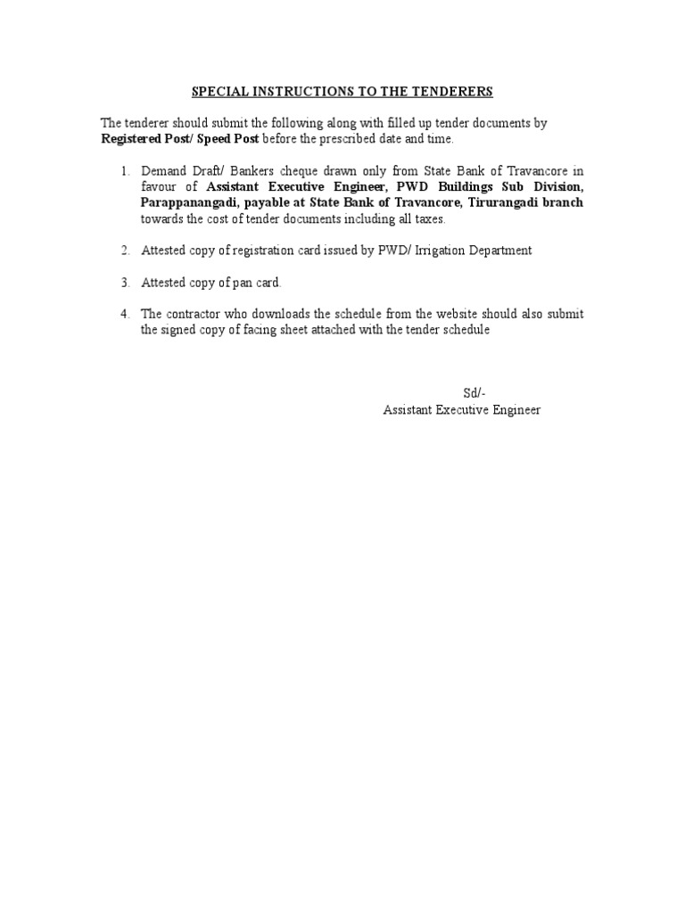 Special Instructions To The Tenderers | PDF | Finance & Money ...