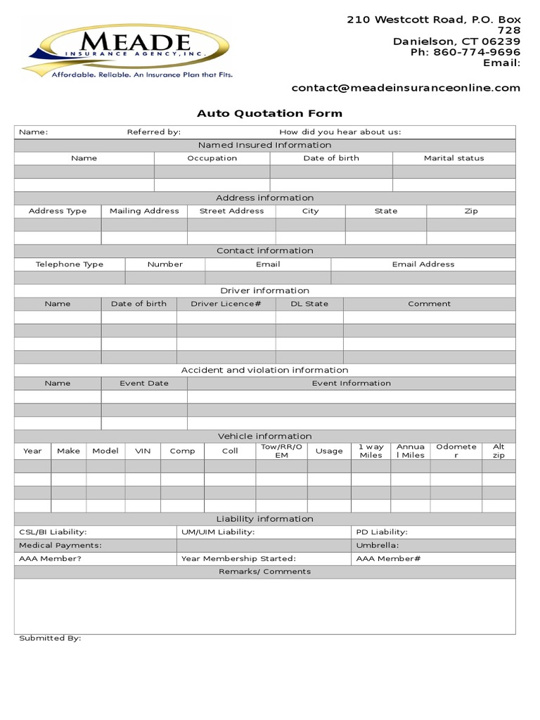 Auto Quotation Form: 210 Westcott Road, P.O. Box 728 Danielson, CT ...