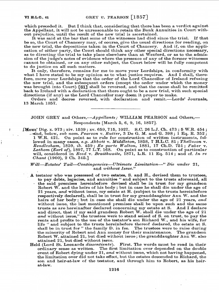 Grey V Pearson | PDF | Will And Testament | Court Of Chancery