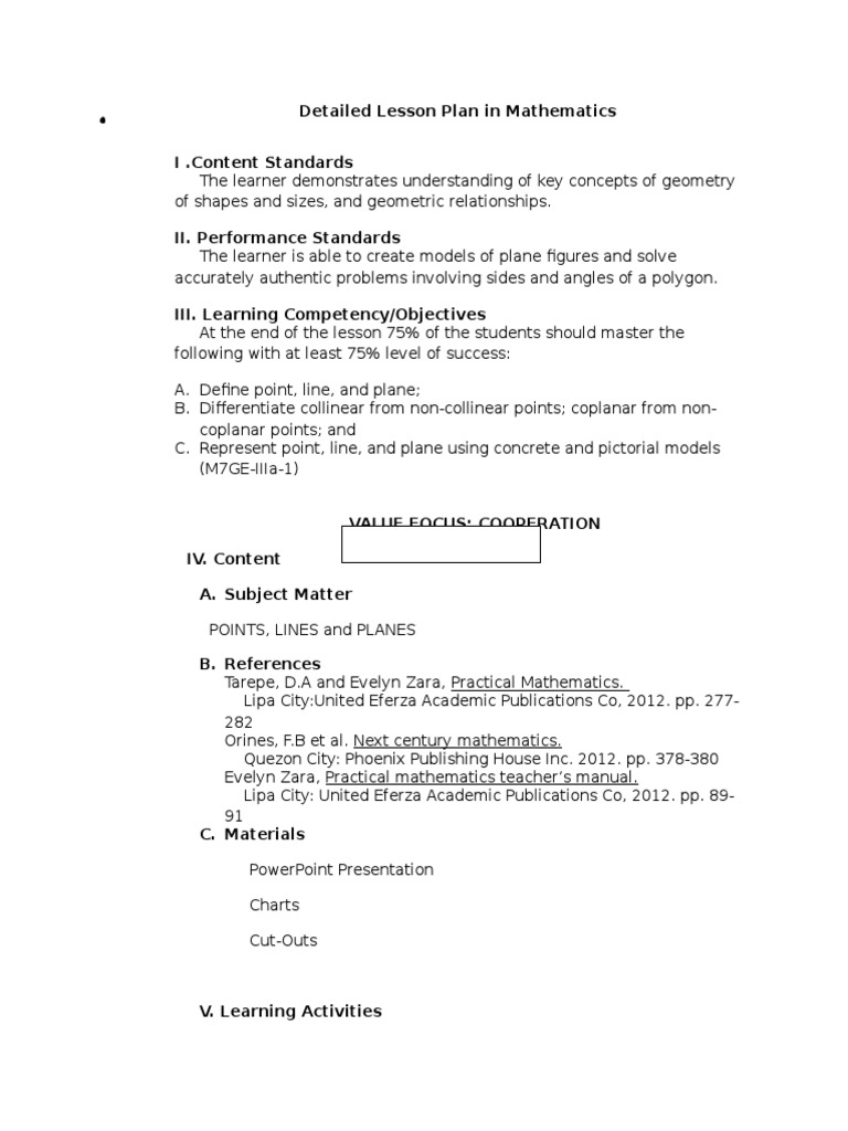 Detailed Lesson Plan in Mathematics | PDF | Line (Geometry) | Geometry