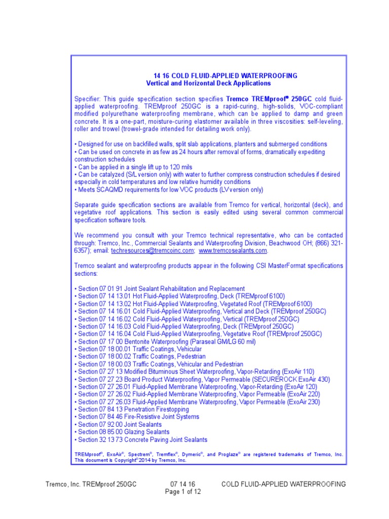 Tremco 071416.01 - Cold Fluid-Applied Waterproofing, Vertical and Deck ...