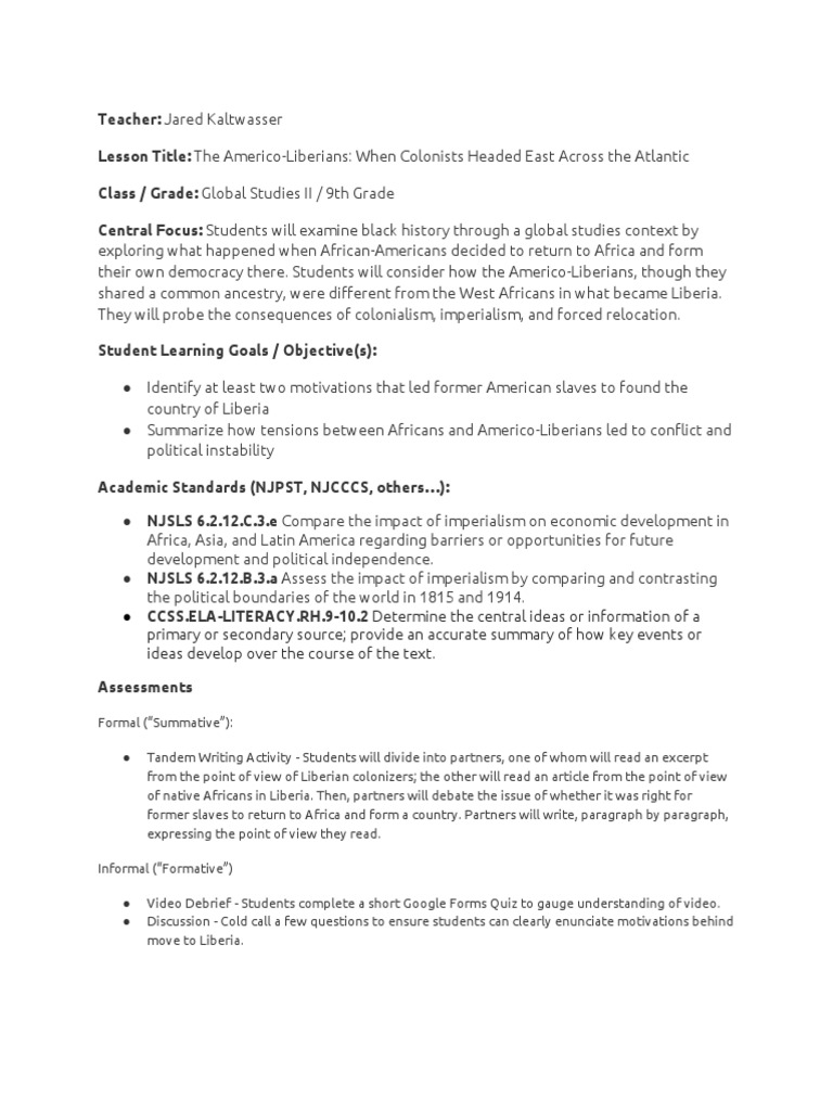 Kaltwasser - Lesson Plan, Liberia | PDF | Liberia | Imperialism