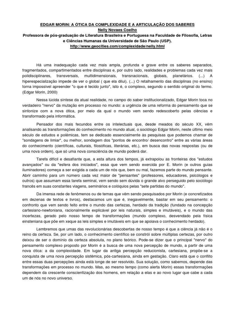 A Ótica Da Complexidade - Edgar Morin | PDF | Complexidade | Humano