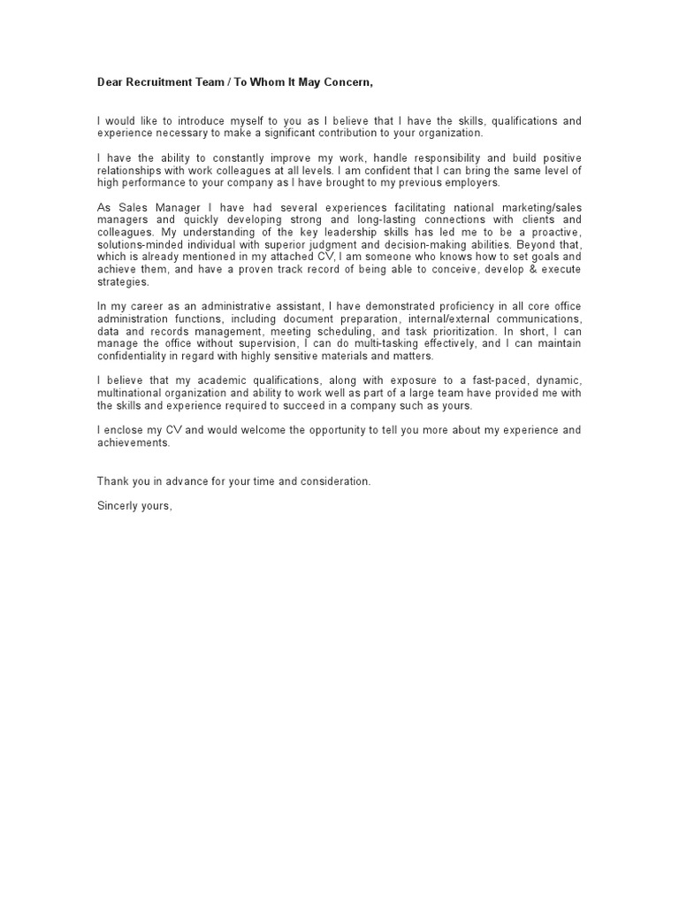 Dear Recruitment Team / To Whom It May Concern | PDF