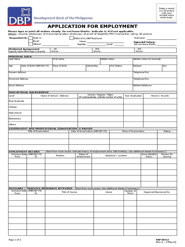 DBP Application for Employment | Business
