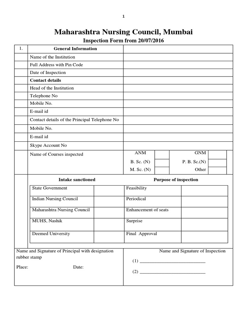Mharashtra Nursing Council Inspection Format | Hospital | Nursing