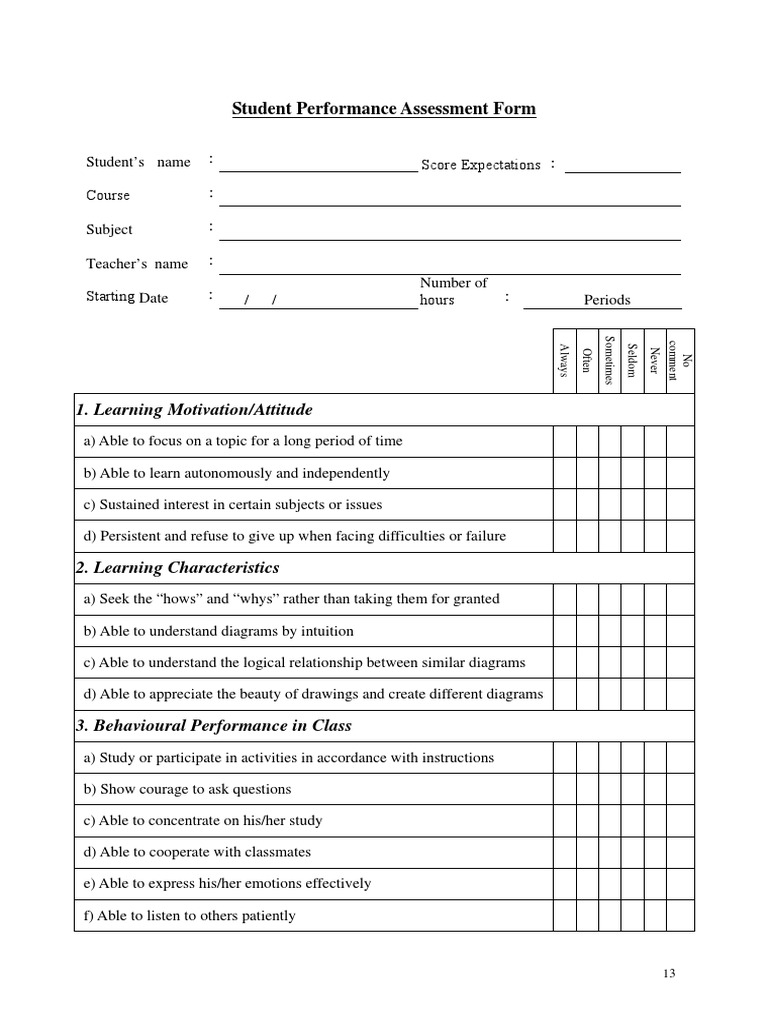 Student Assessment Form | PDF | Educational Assessment | Leadership