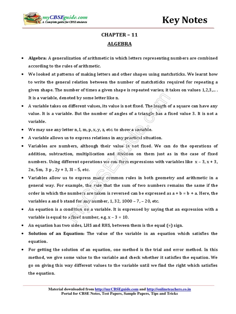 Chapter - 11 Algebra: Algebra: A Generalization of Arithmetic in Which ...