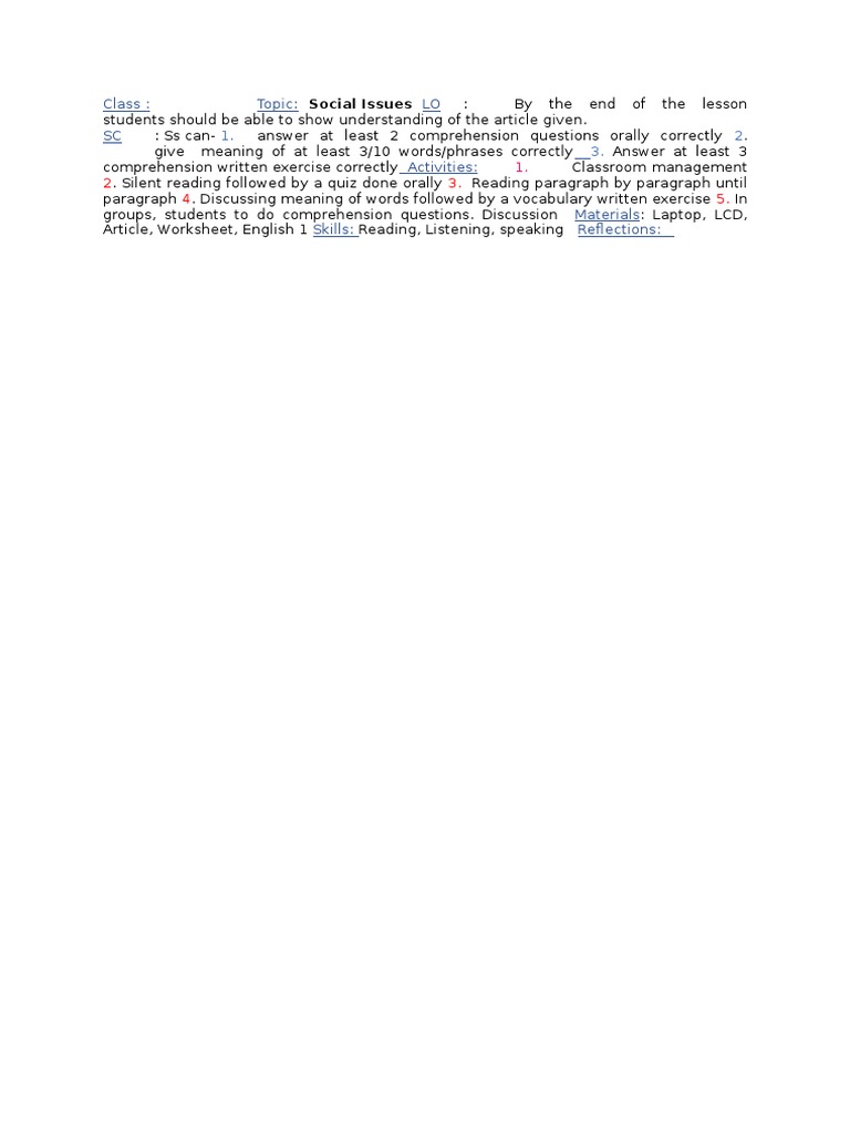 Class: Topic: LO SC Activities:: Social Issues | PDF | Language Arts ...