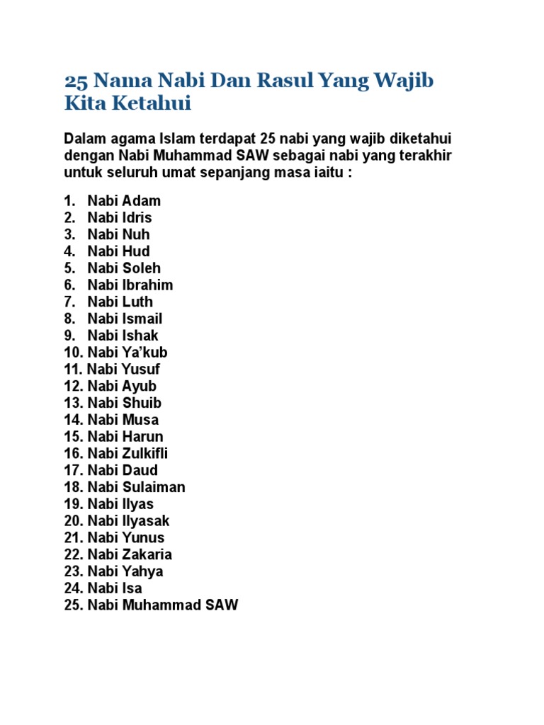 25 Nama Nabi Dan Rasul Yang Wajib Kita Ketahui | PDF