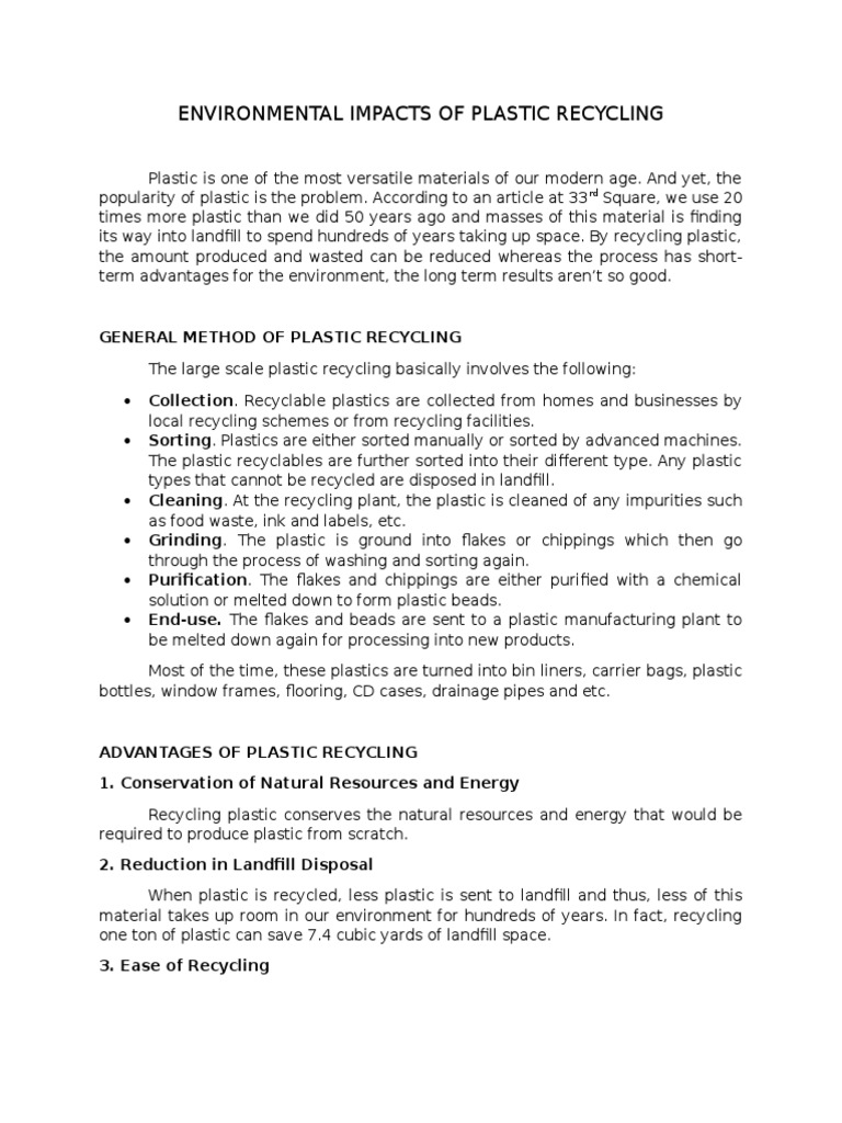 Environmental Impacts of Plastic Recycling | PDF | Recycling | Plastic