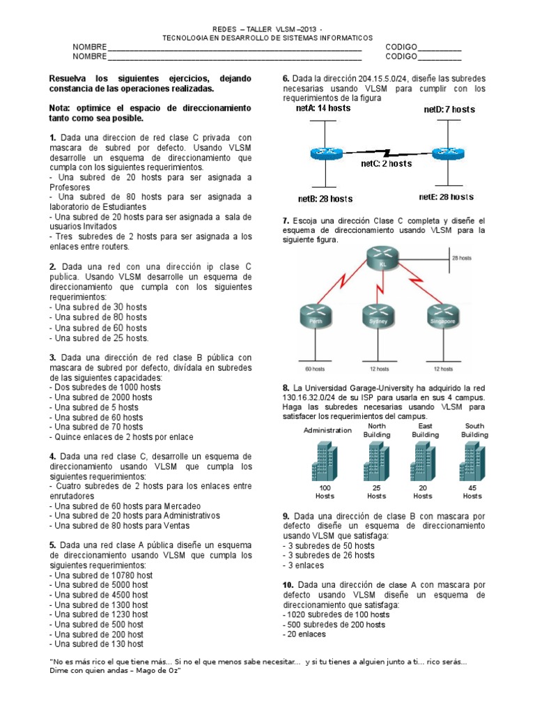 Taller VLSM | PDF | Dirección IP | Transmisión de datos