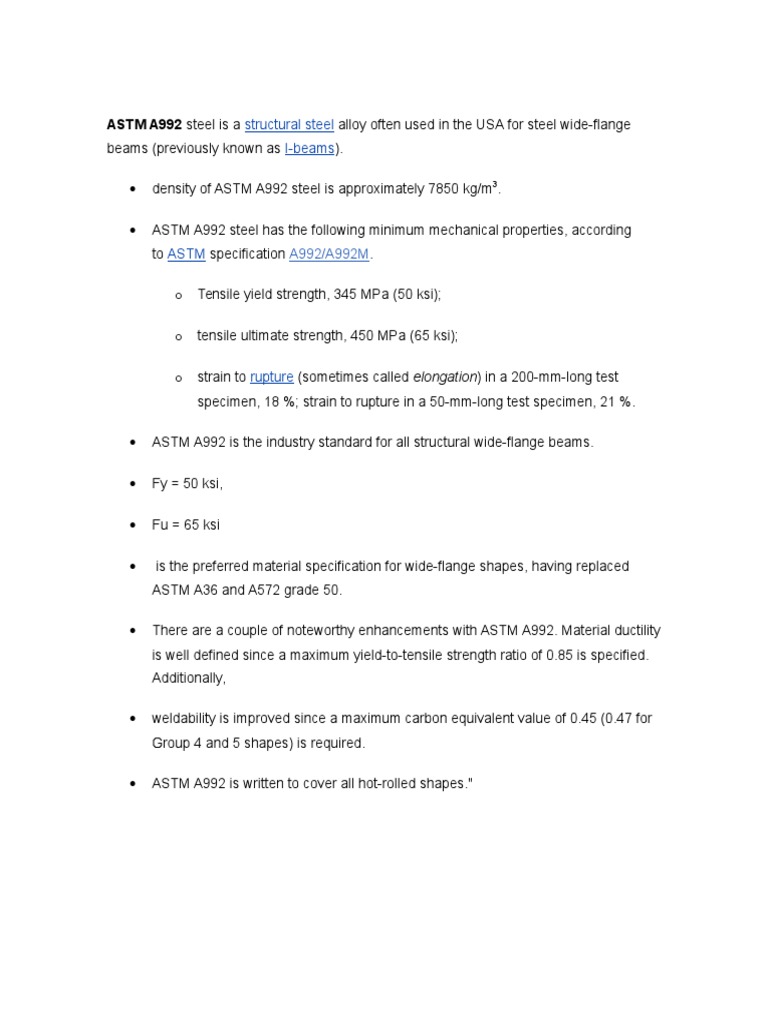 ASTM A992 Steel Properties and Uses in Structural Beams | PDF