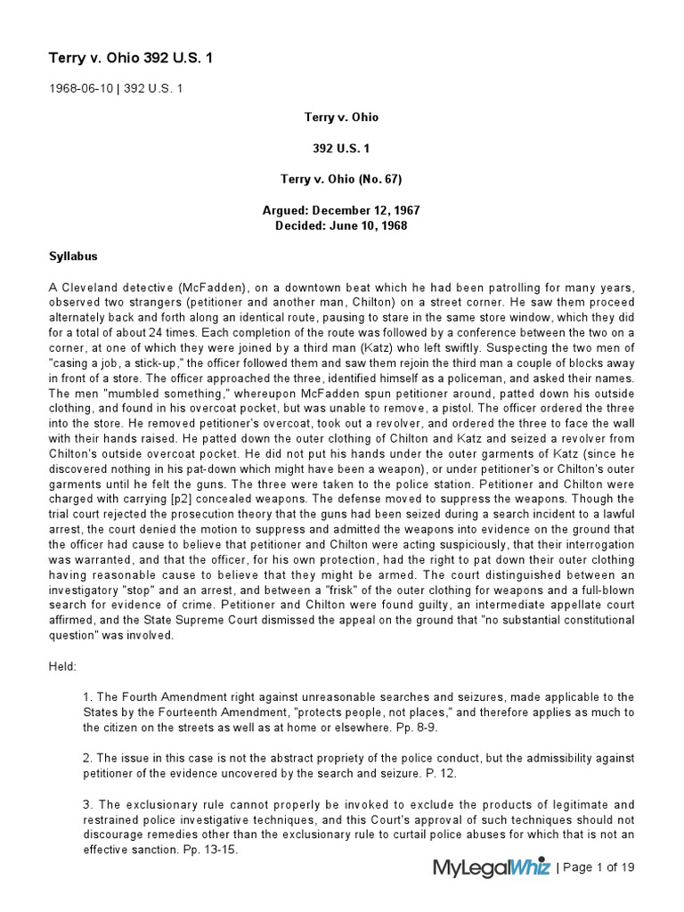 Terry v. Ohio 392 U.S. 1 | PDF | Fourth Amendment To The United States ...