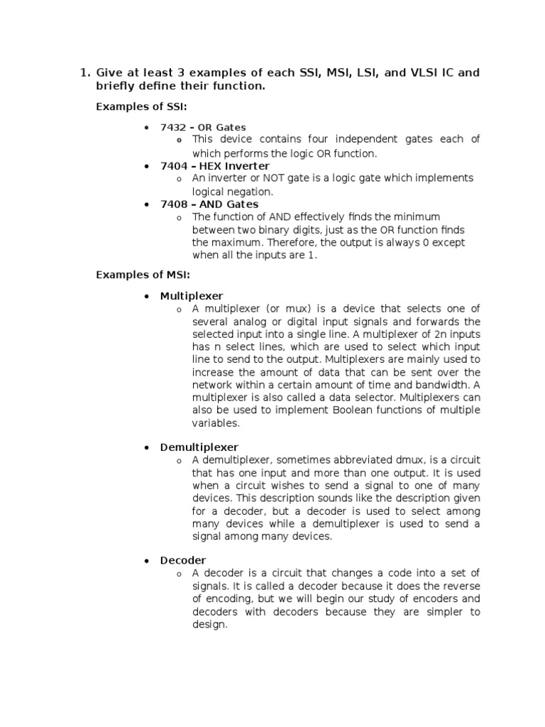 Give at Least 3 Examples of Each SSI, MSI, LSI, and VLSI IC and Briefly ...