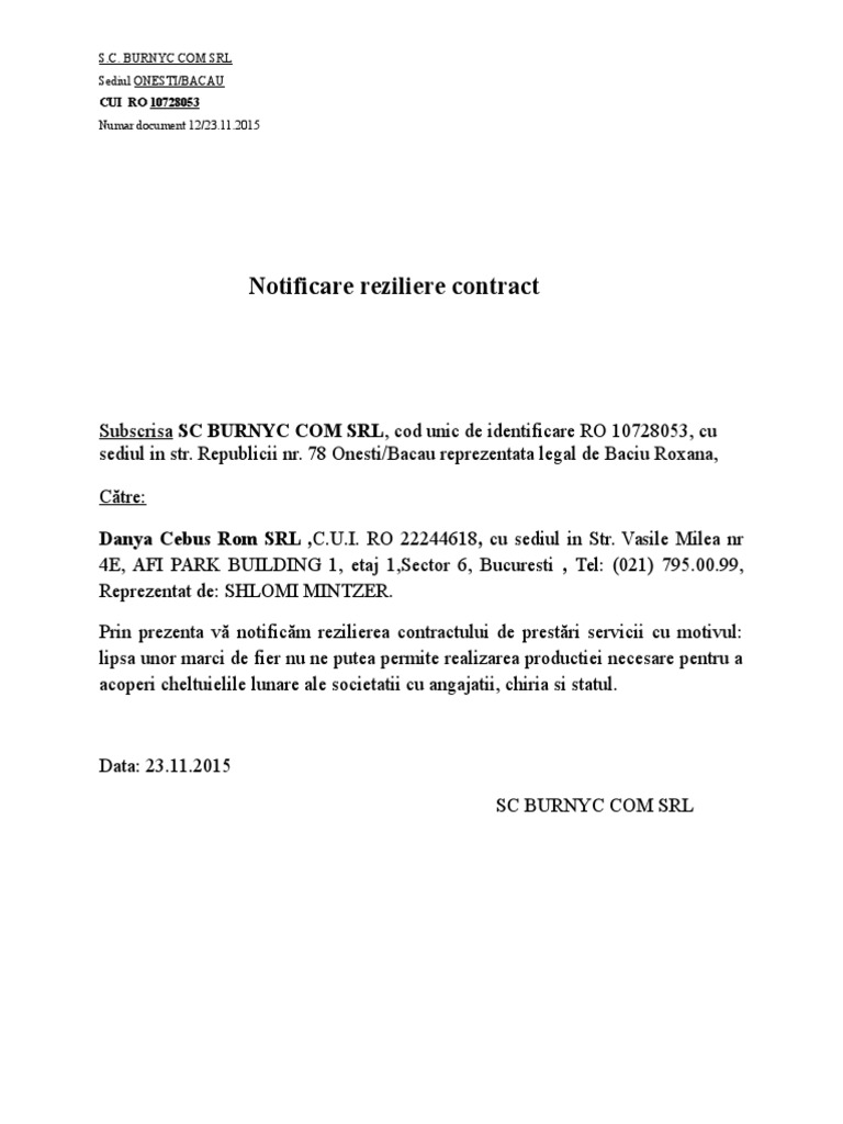 Notificare Reziliere Contract