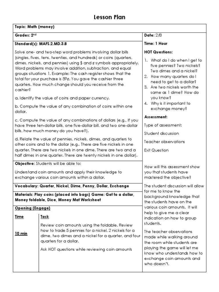 2nd Grade Money Lesson Plans
