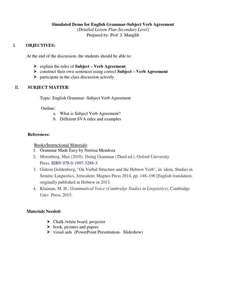 Detailed Lesson Plan in Subject Verb Agreement by Prof. J.Manglib | PDF ...