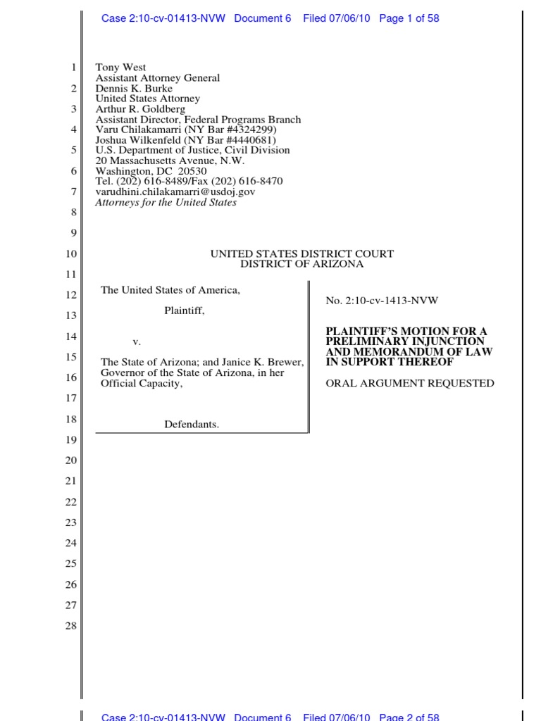 U.S.A. v STATE of ARIZONA, et al. - 6 - Motion for Preliminary ...