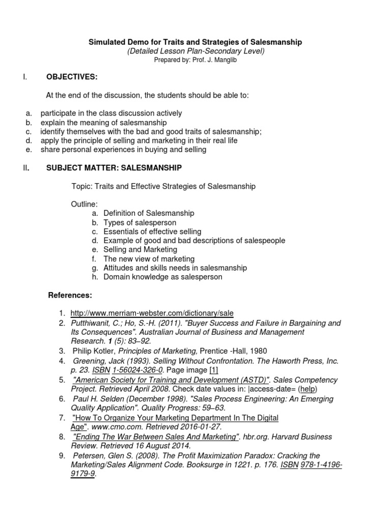 Salesmanship Traits and Strategies Lesson | PDF | Sales | Marketing