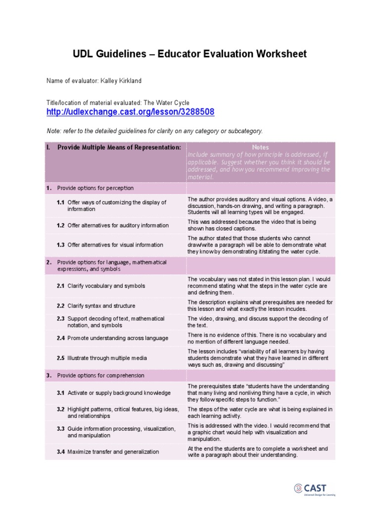UDL Guidelines - Educator Evaluation Worksheet: Name of Evaluator ...
