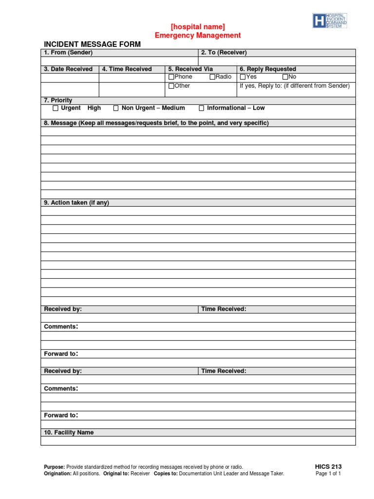HICS 213 Incident Message Form | PDF