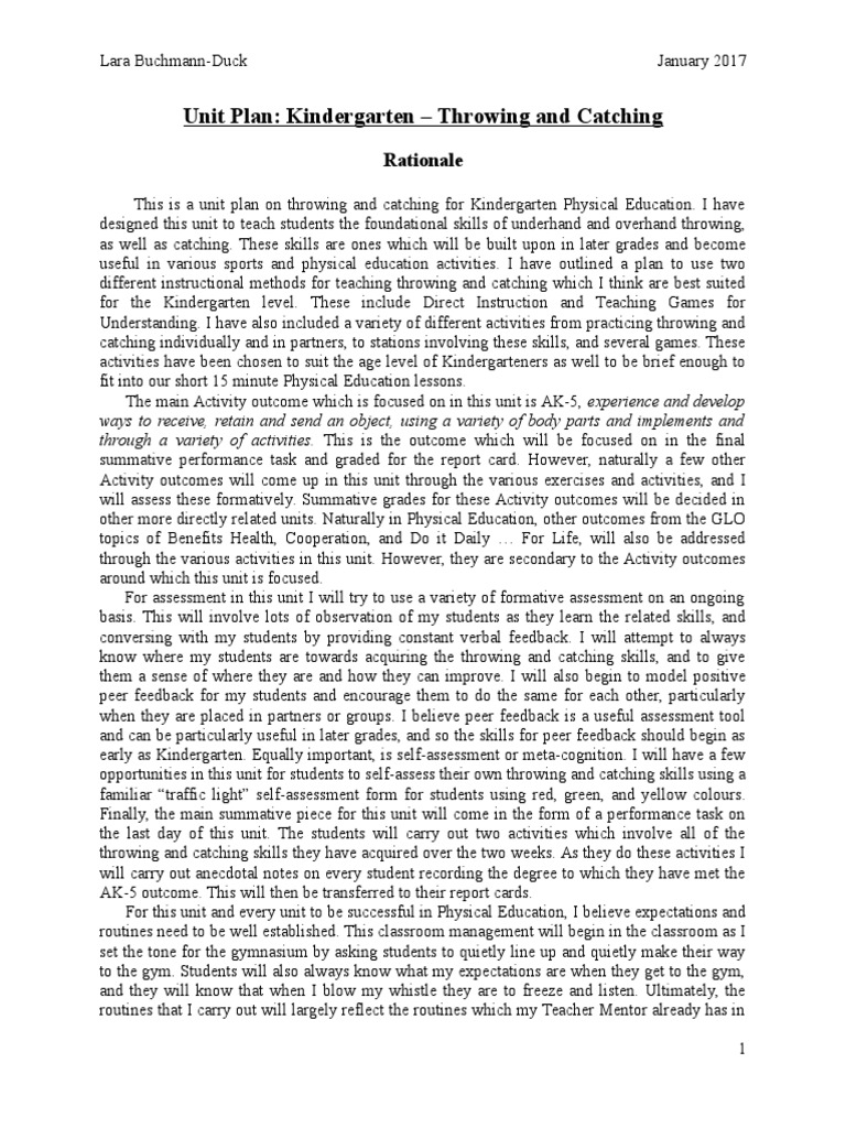 Unit Plan - Pe Throwing and Catching | PDF | Physical Education ...